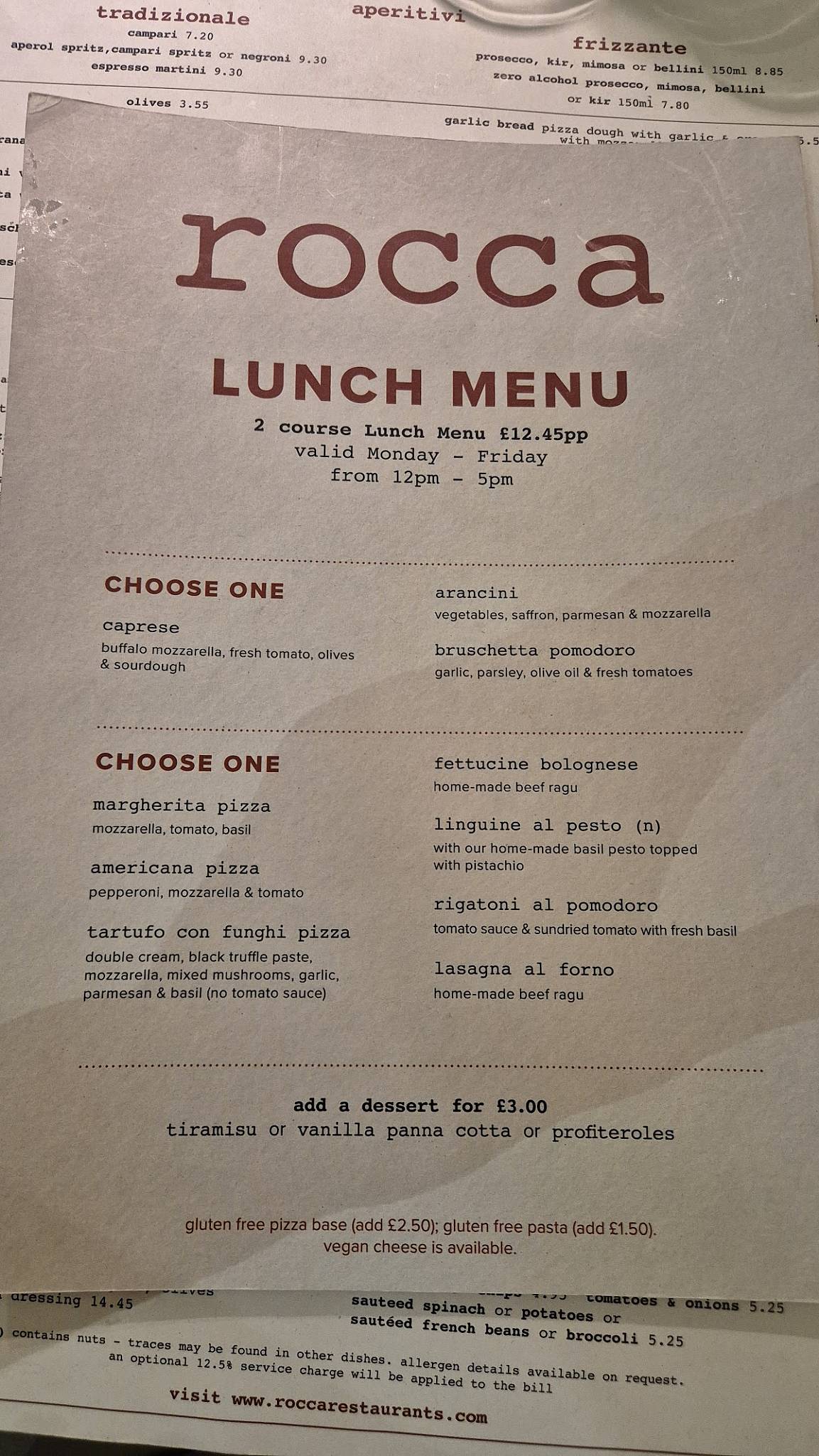 Menu at Rocca restaurant, London, 73 Old Brompton Rd
