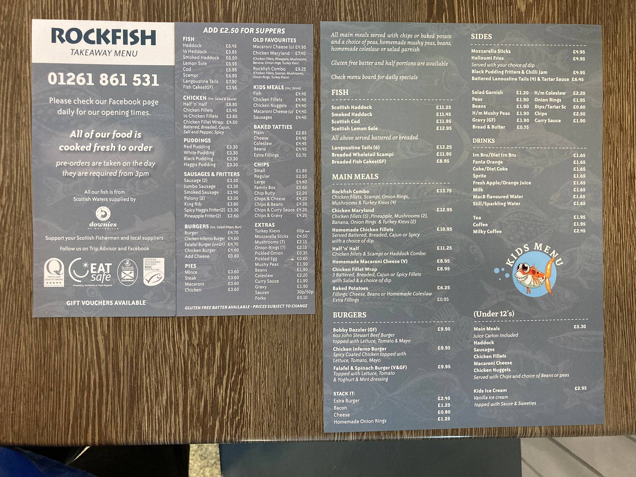 Menu at Rockfish restaurant, Whitehills