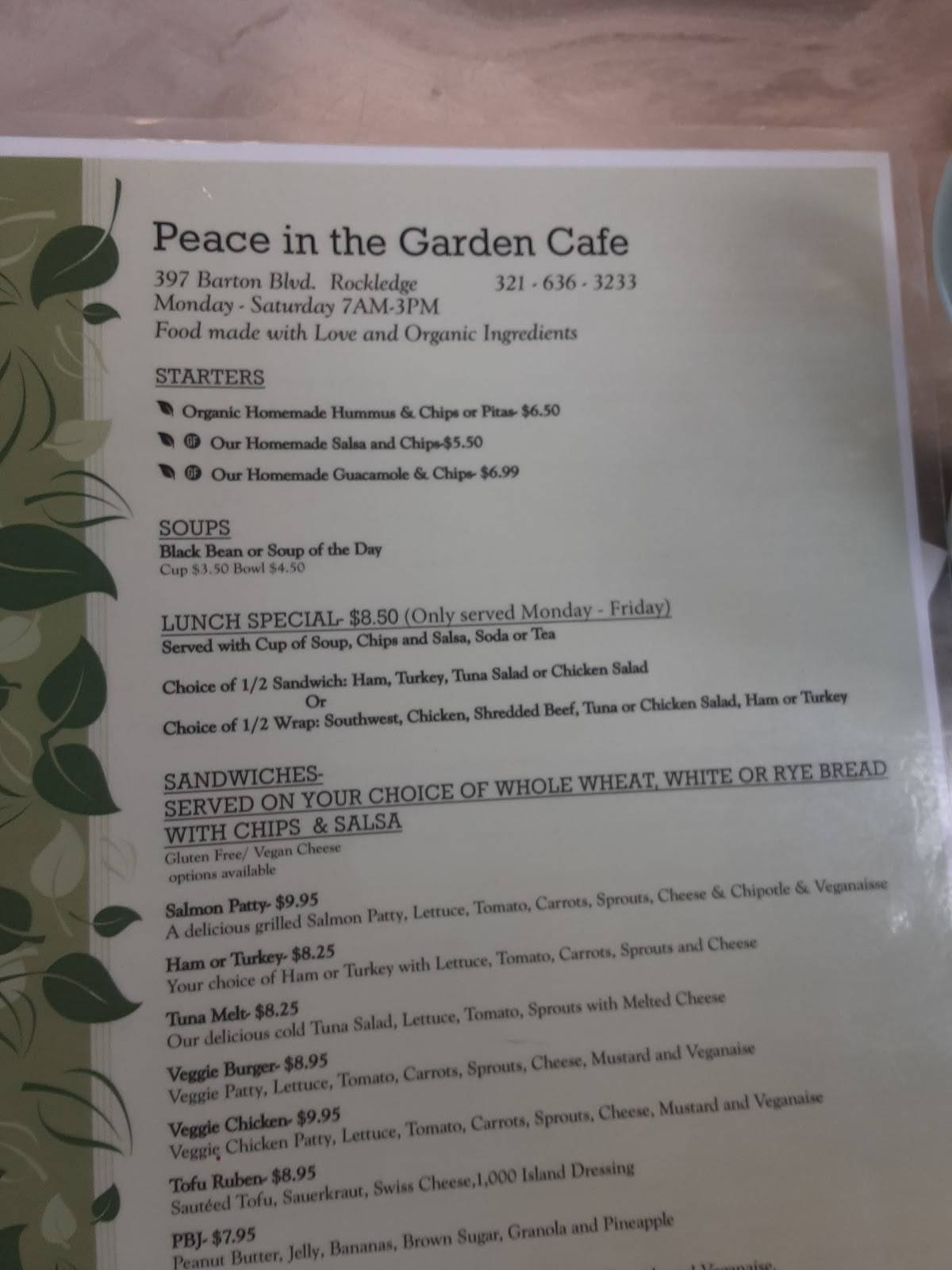 Menu at Peace In the Garden Cafe, Rockledge, 397 Barton Blvd