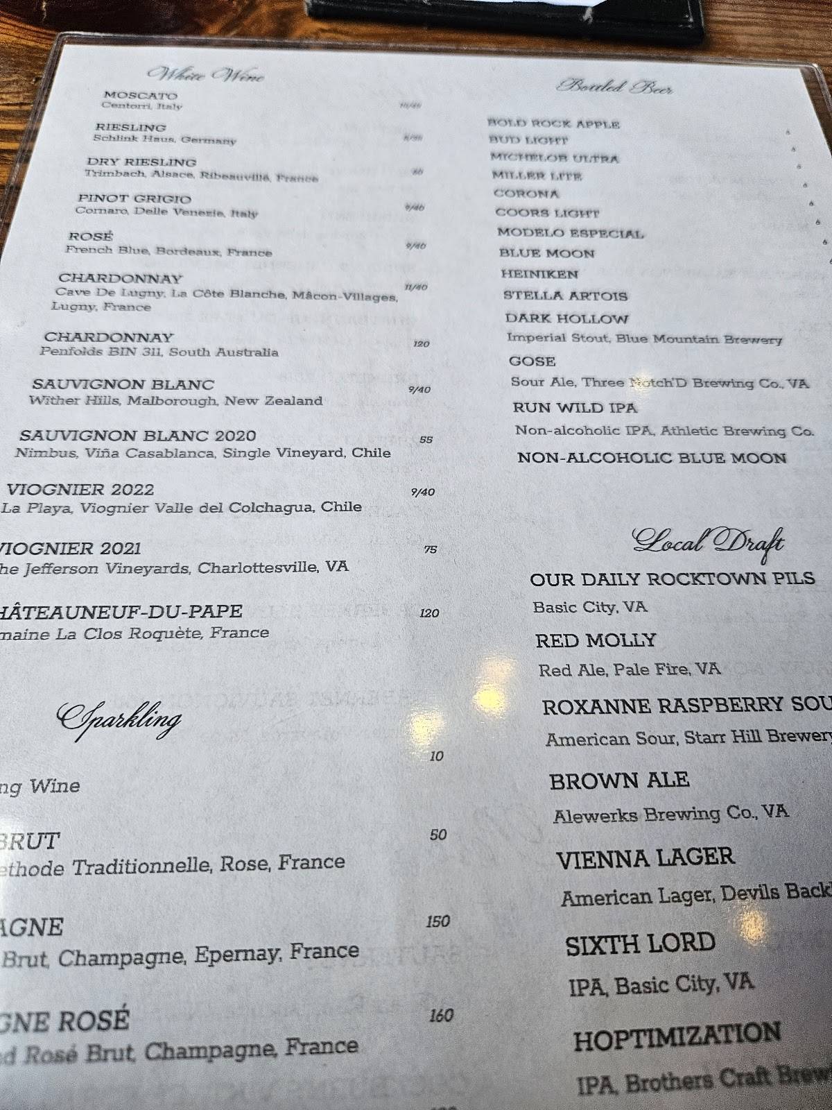 Menu at Rocktown Kitchen restaurant, Harrisonburg