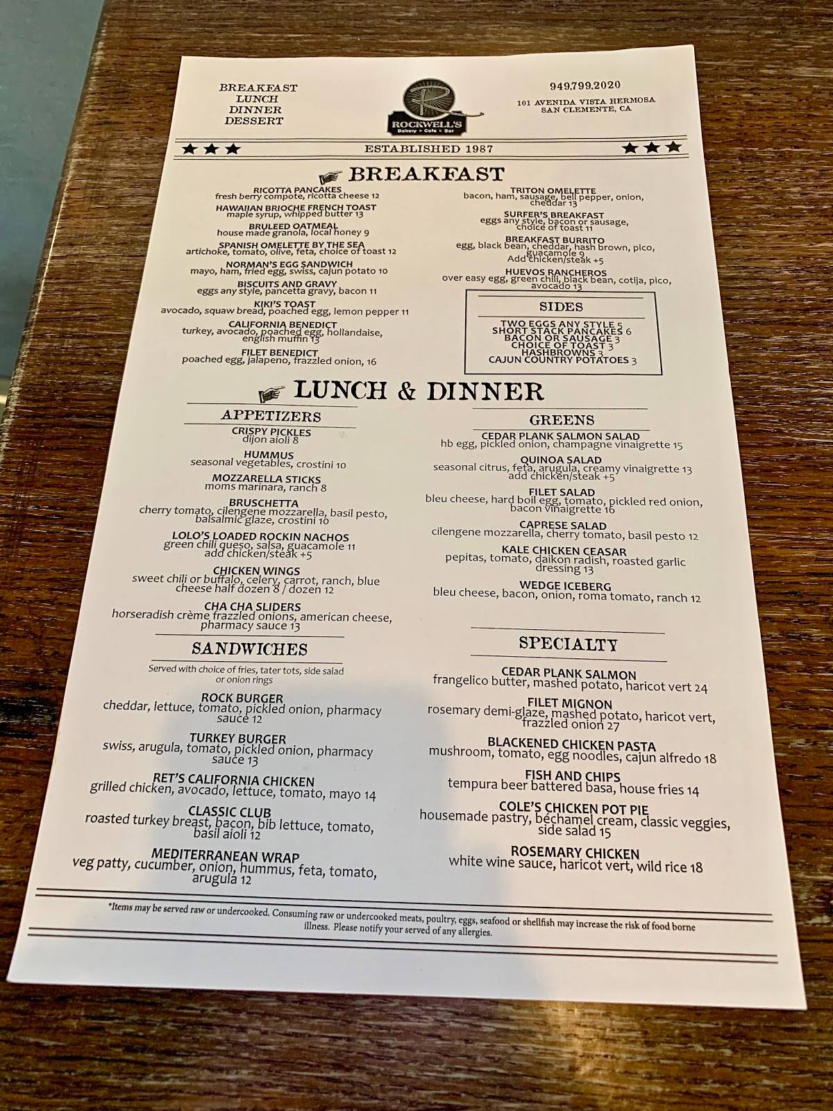 Menu at Rockwell's Bakery, San Clemente