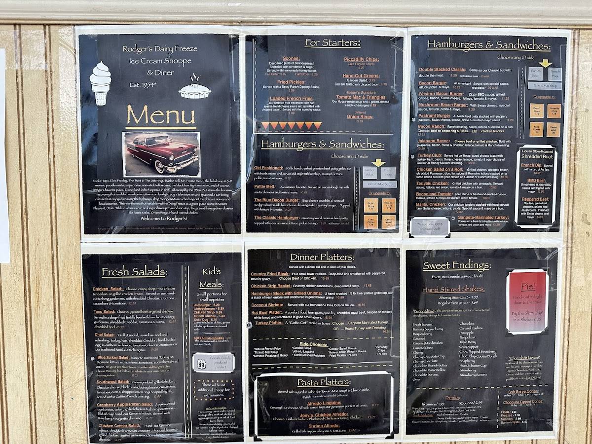 Menu at Rodger's Dairy Freeze restaurant, Mount Pleasant