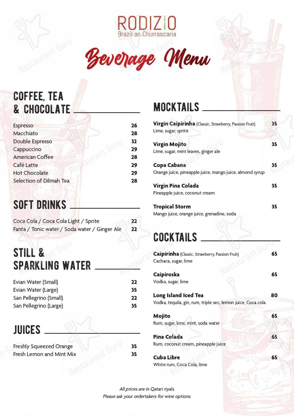 Menu at Rodizio Brazilian Churrascaria restaurant, Doha, Airport Road