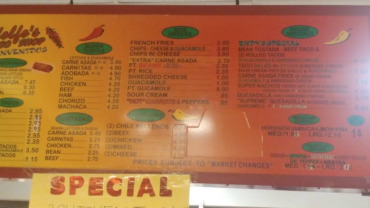 Menu at Rodolfo's Taco Shop restaurant, Sierra Vista