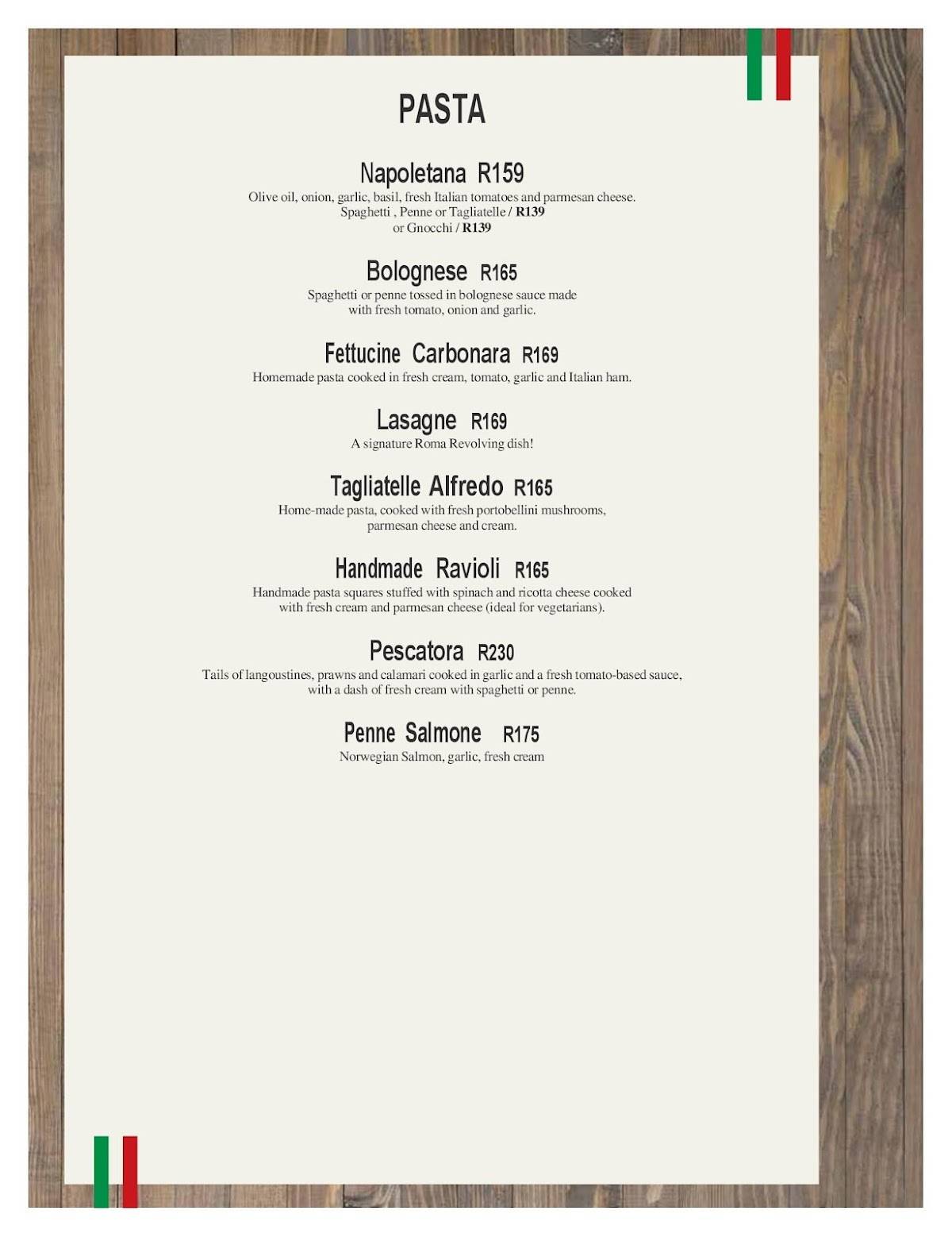 Menu at Roma Revolving Restaurant, Durban, 32 John Ross House