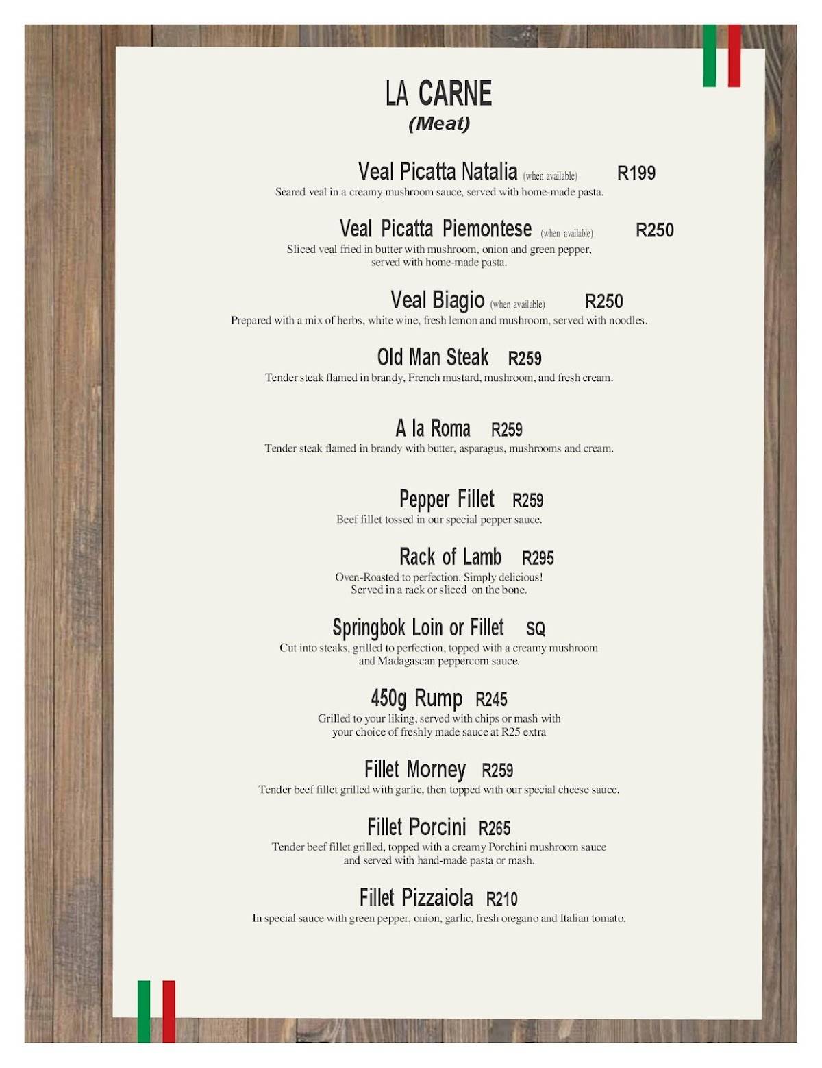 Menu at Roma Revolving Restaurant, Durban, 32 John Ross House
