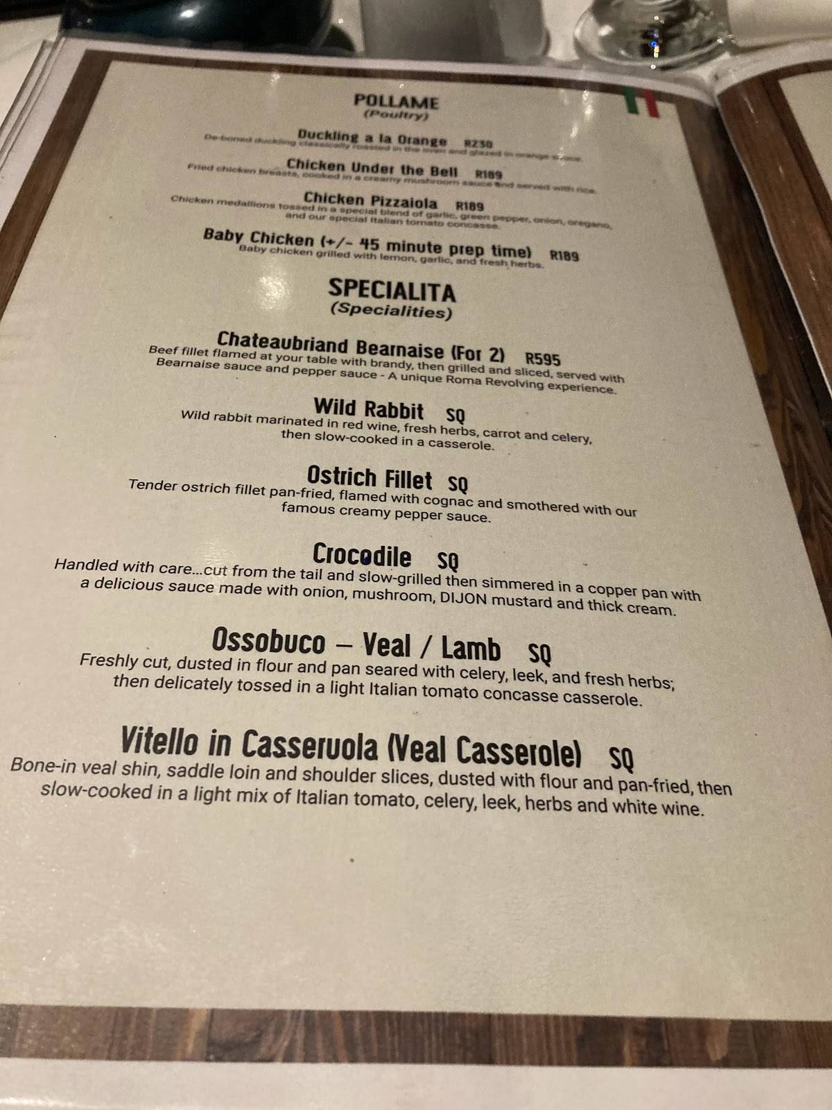 Menu at Roma Revolving Restaurant, Durban, 32 John Ross House
