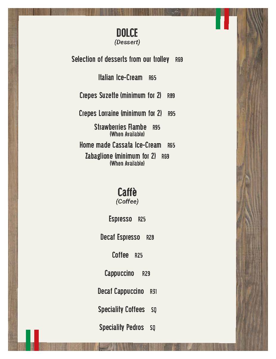 Menu at Roma Revolving Restaurant, Durban, 32 John Ross House