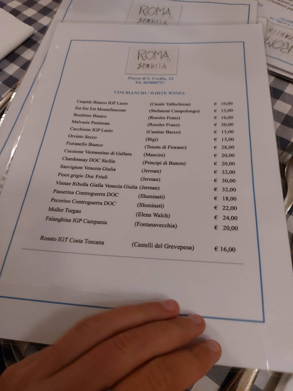 Menu da Roma Sparita pizzeria, Roma, Piazza di Santa Cecilia