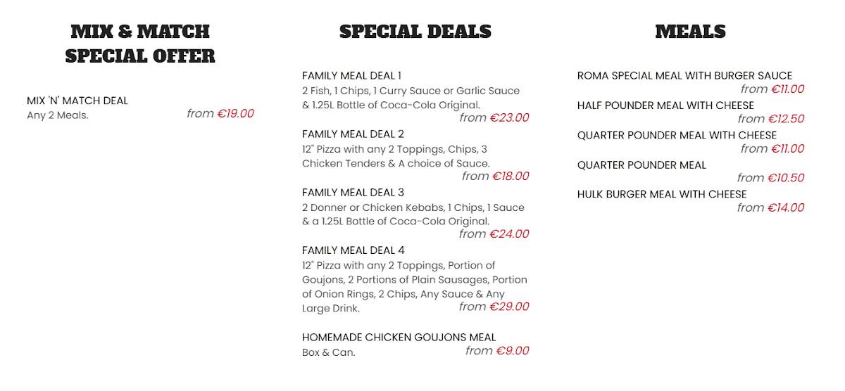 Menu at Roma Takeaway restaurant, Dublin, Unit 3 Deansrath S.C