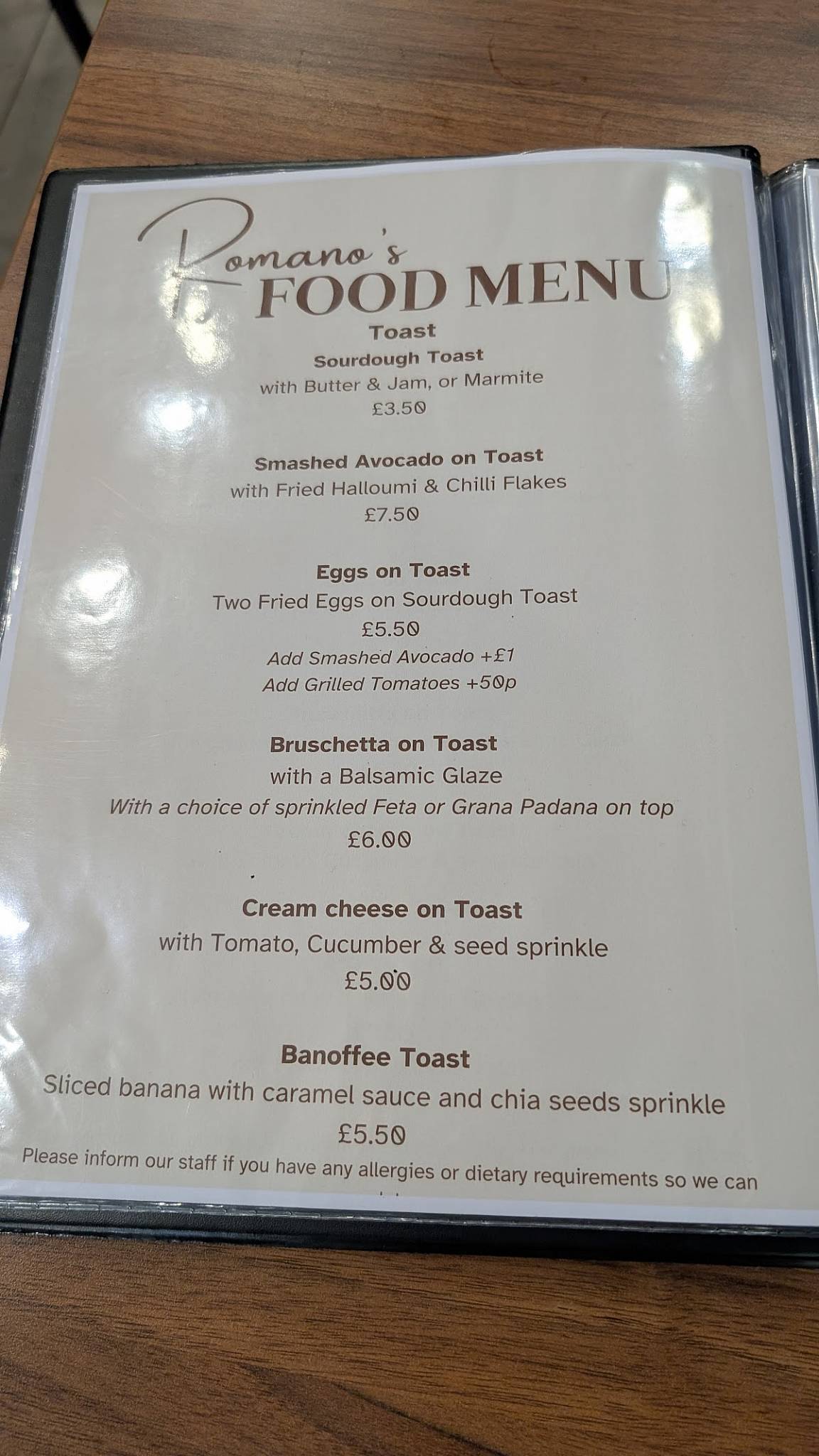 Carta de Romano's Deli & Coffee Shop, West Malling