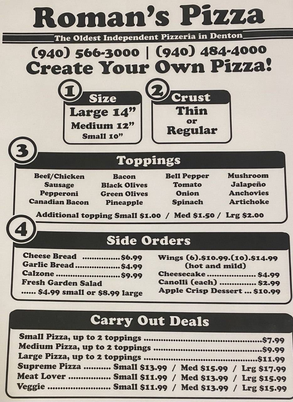 Menu at Roman's Pizza pizzeria, Denton, N Elm St #200