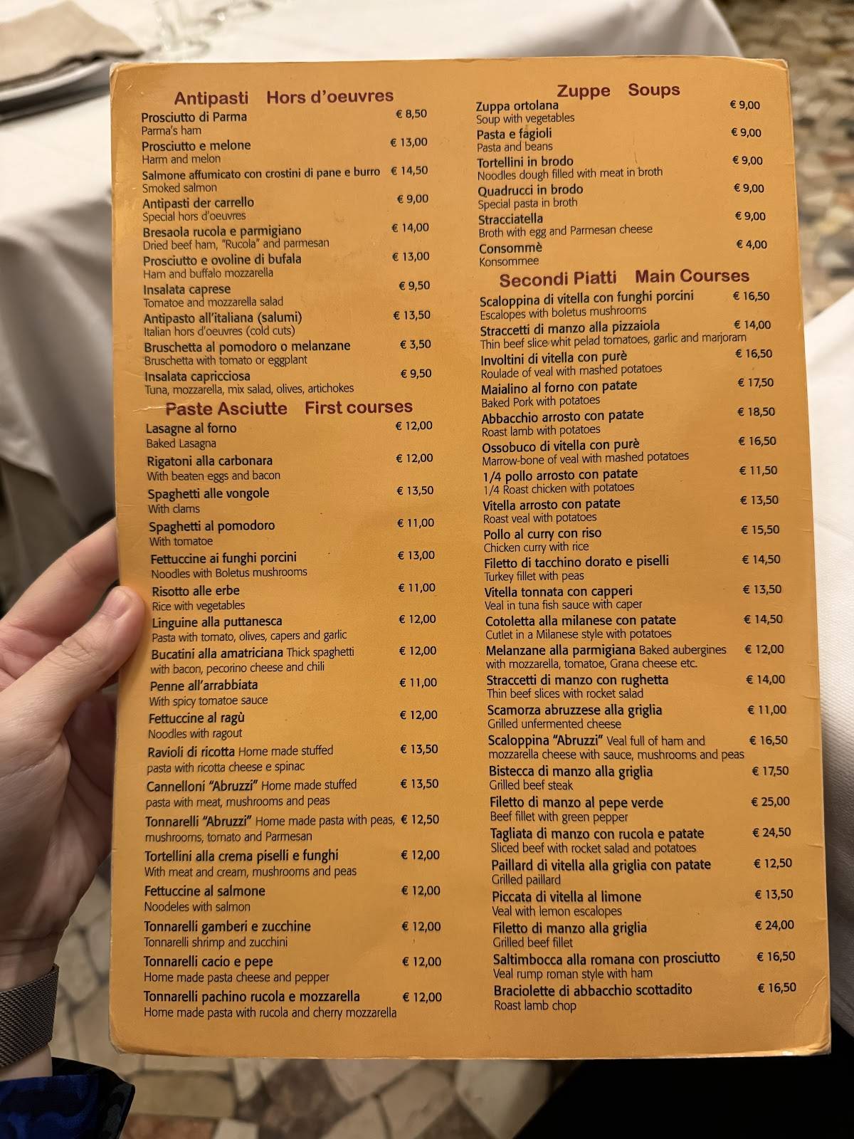 Menu at Ristorante Abruzzi, Rome