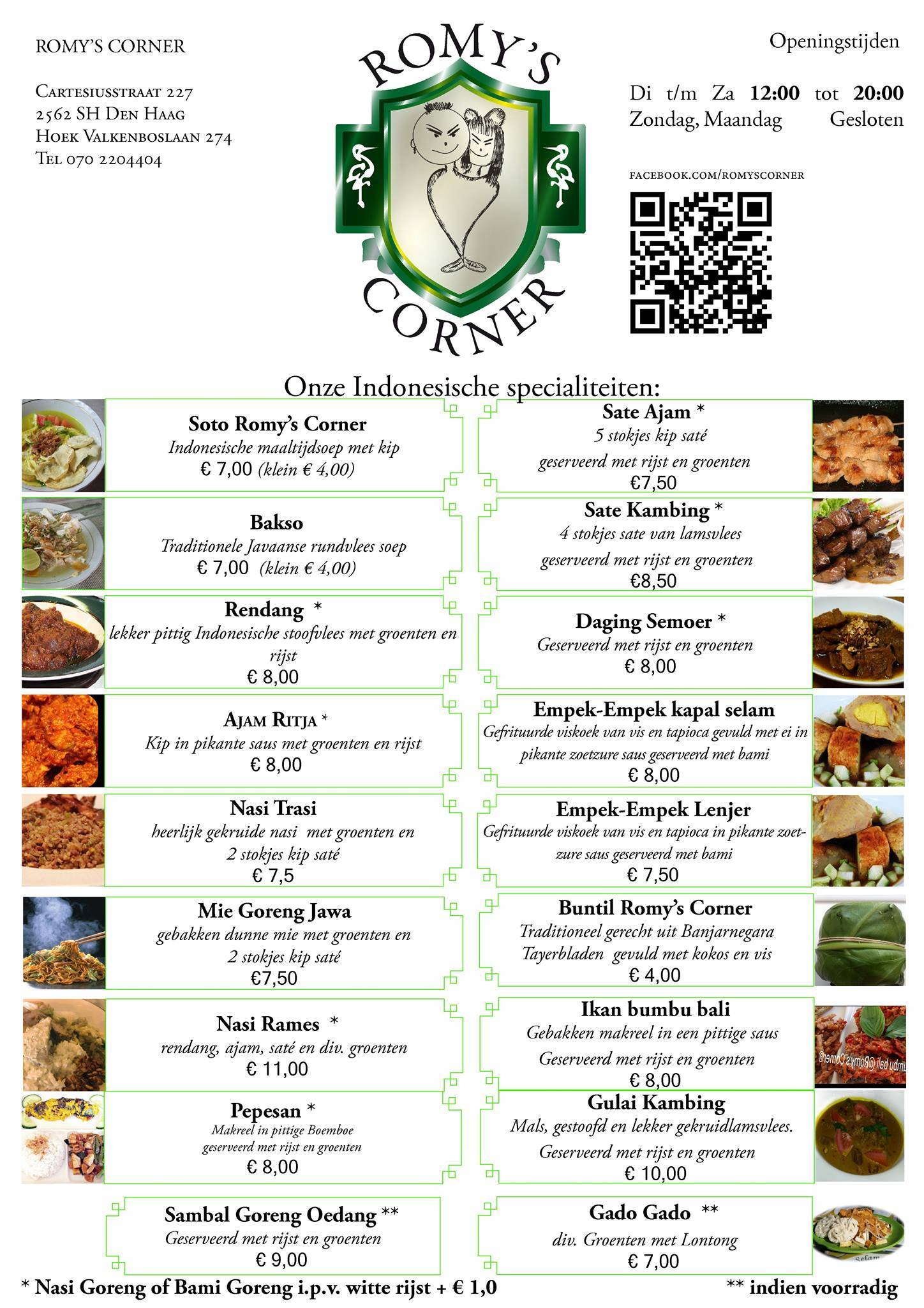 Menu at Romy's Corner, The Hague