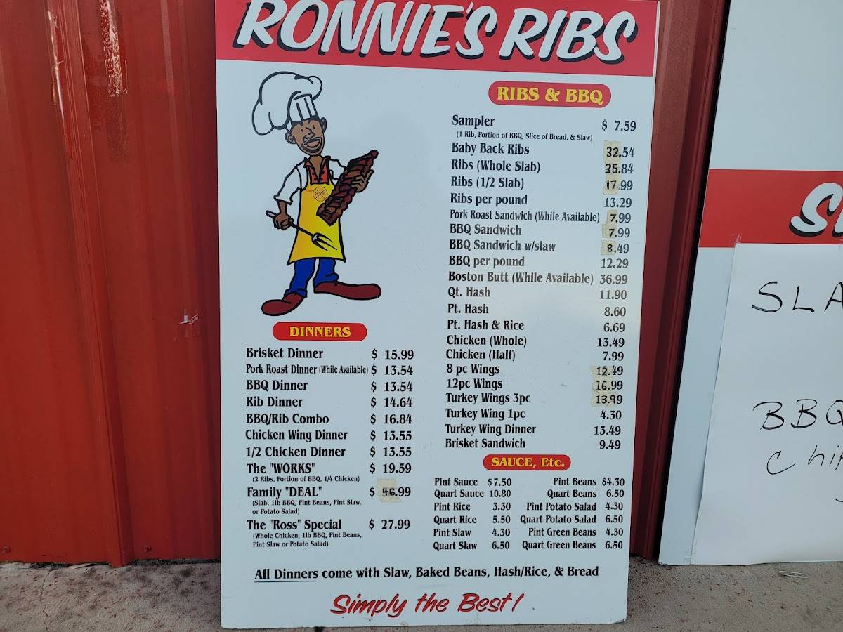 Menu at Ronnie's Ribs BBQ, Elgin