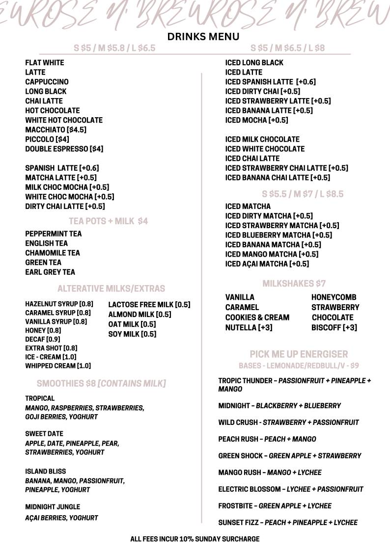 Menu at Rose N' Brew Cafe & Açai Bar, Greenway