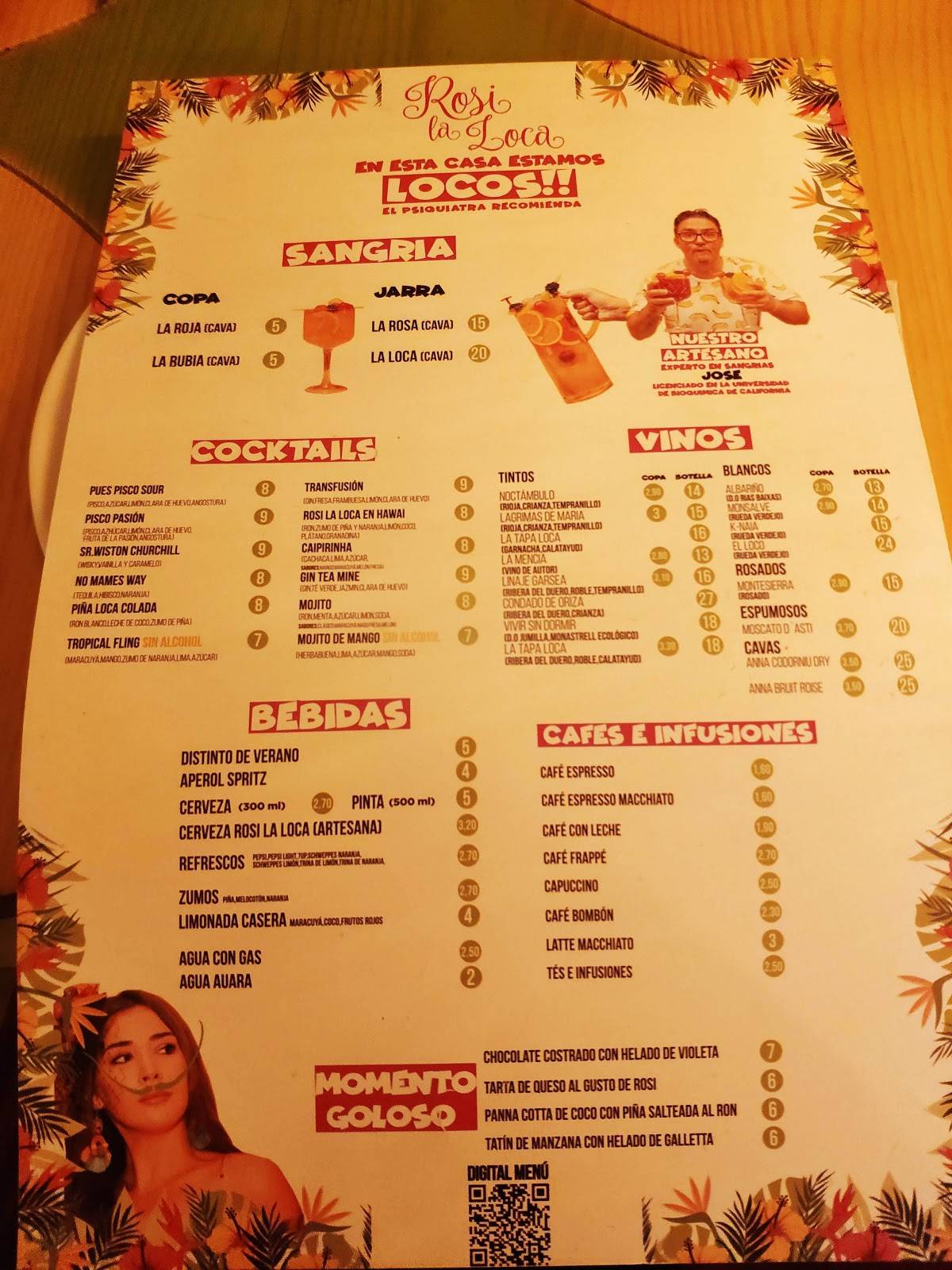 Menu at Rosi La Loca pub & bar, Madrid, C. de Cádiz