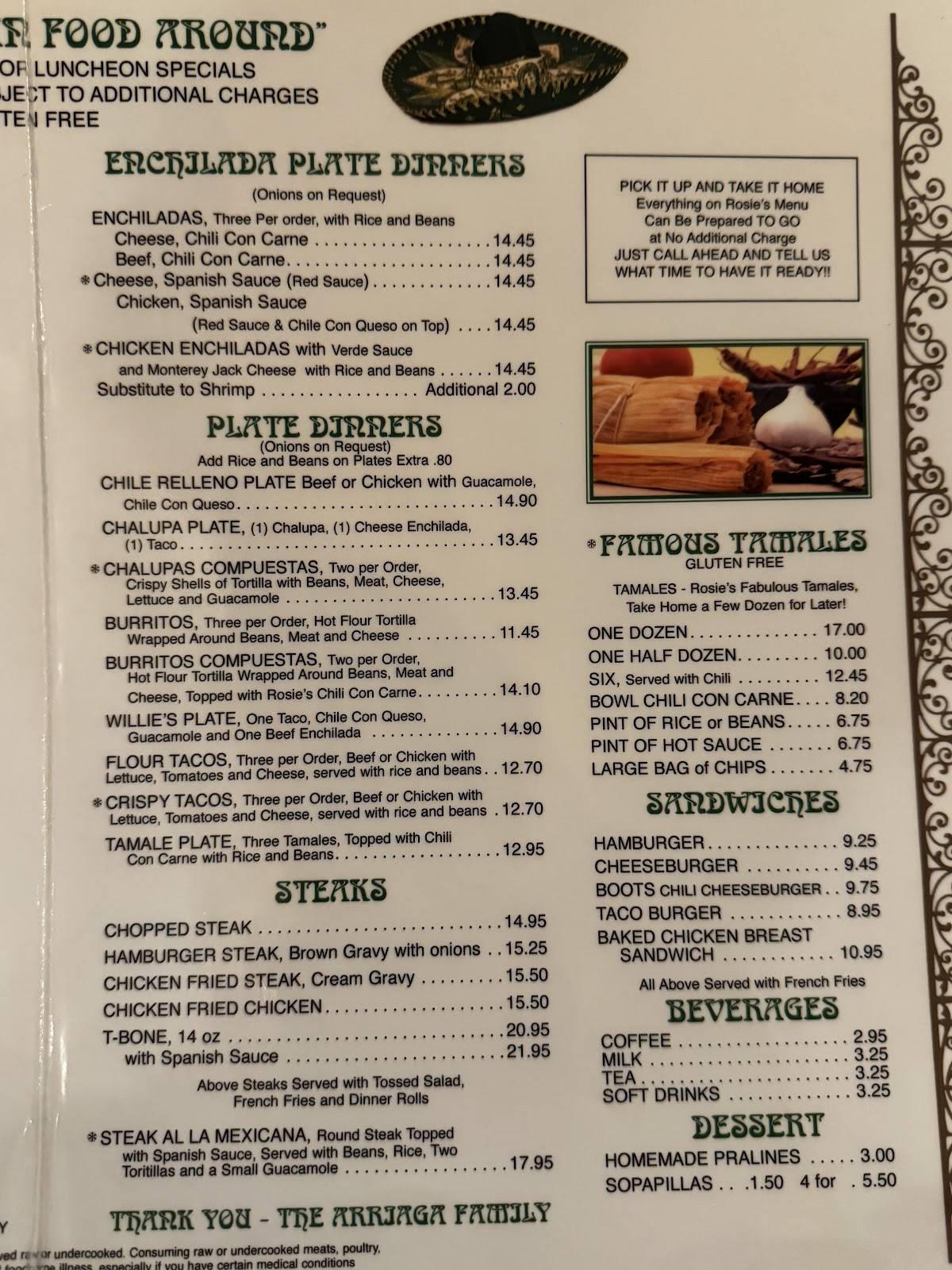 Menu at Rosie's Tamale House restaurant, Austin, State Hwy 71