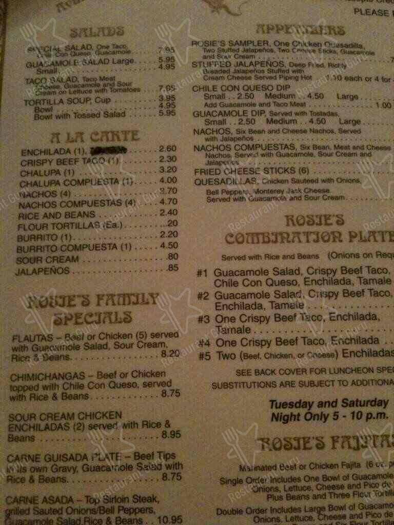 Menu at Rosie's Tamale House restaurant, Bee Cave, State Hwy 71