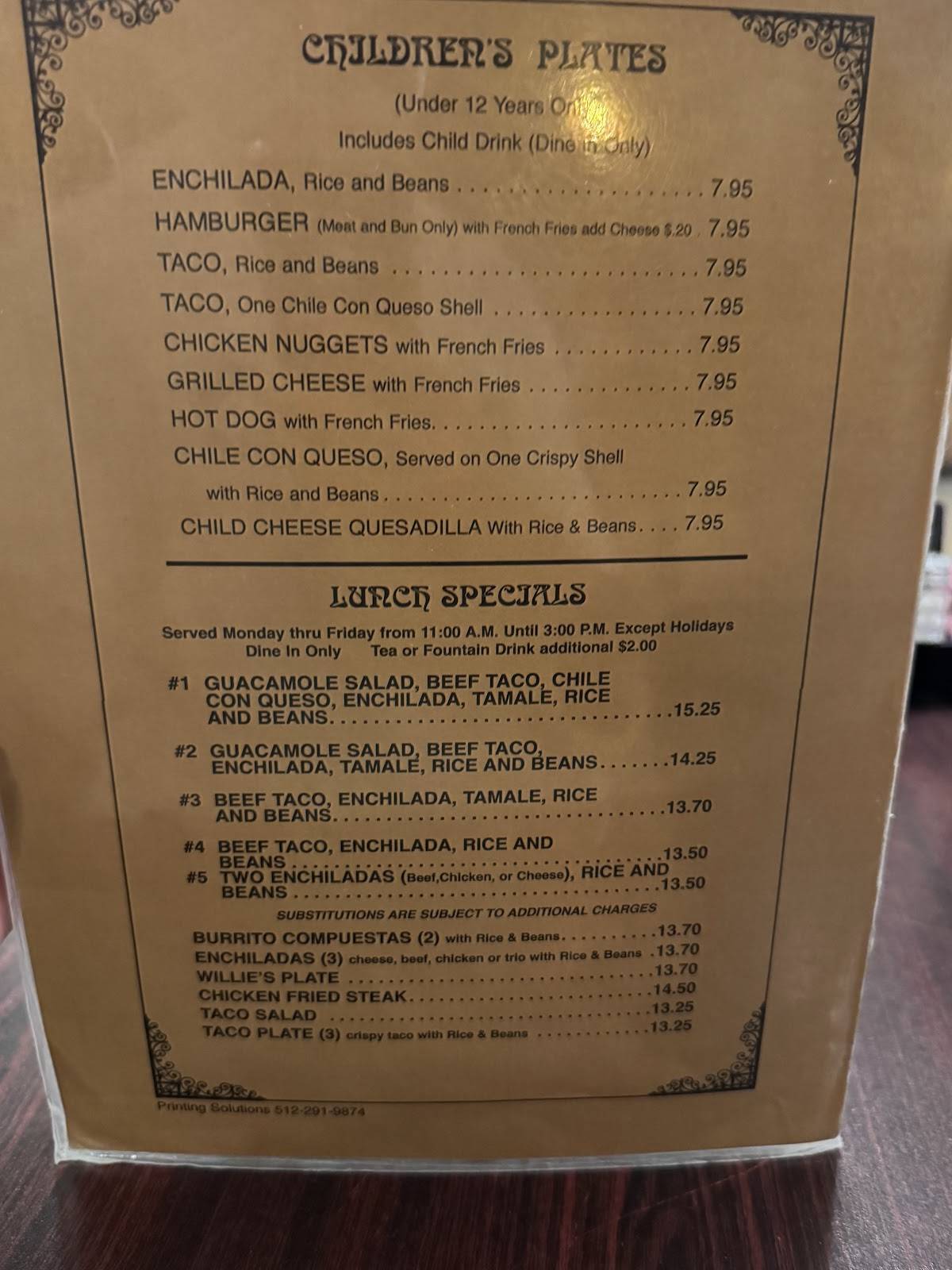 Menu at Rosie's Tamale House restaurant, Austin, State Hwy 71