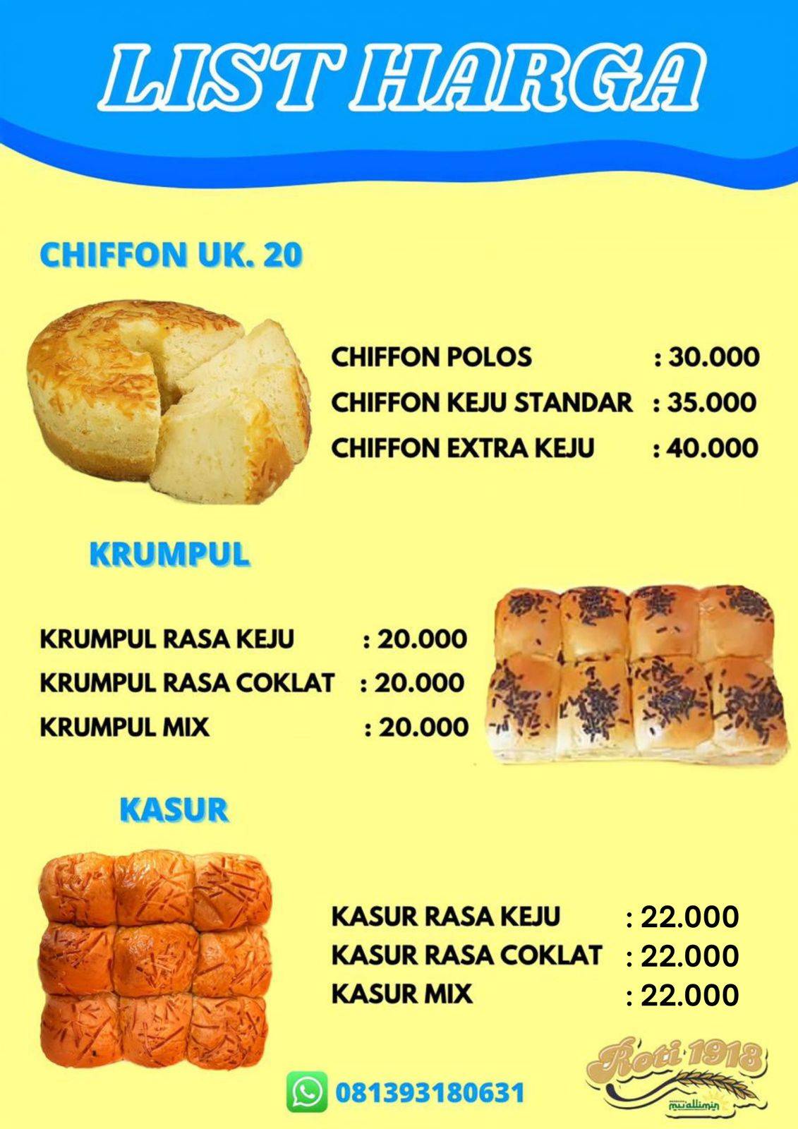 Menu at Roti 1918 muallimin restaurant, Yogyakarta