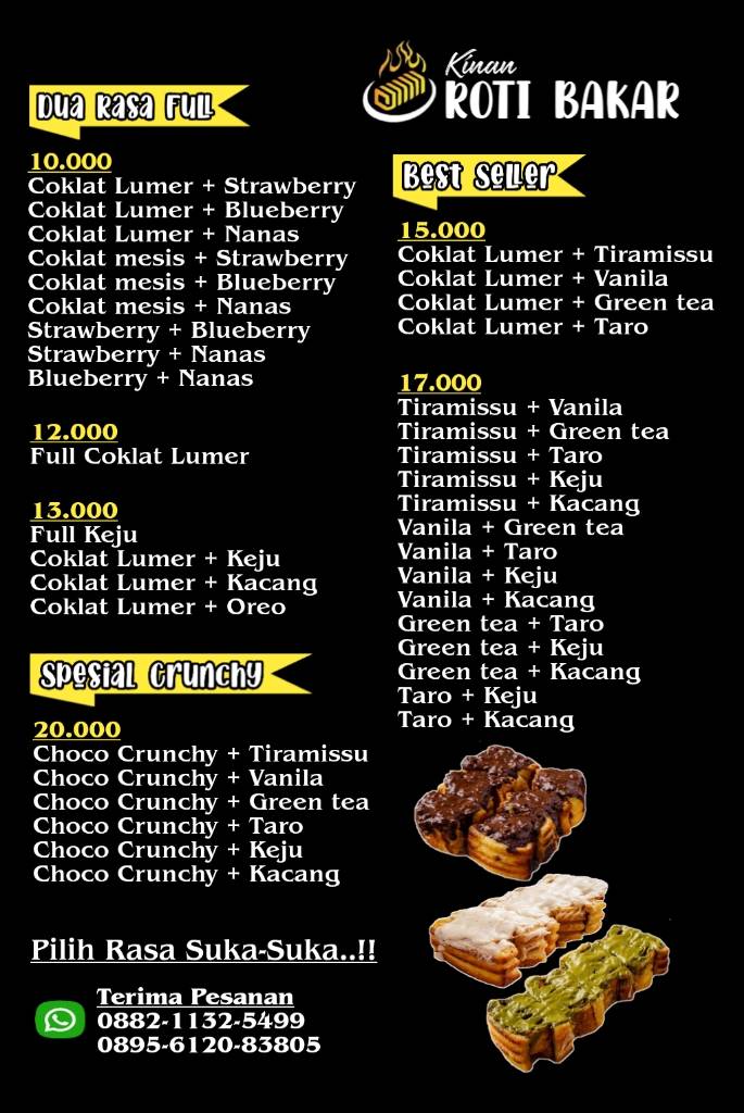 Menu at Roti bakar Kinan restaurant, Indonesia