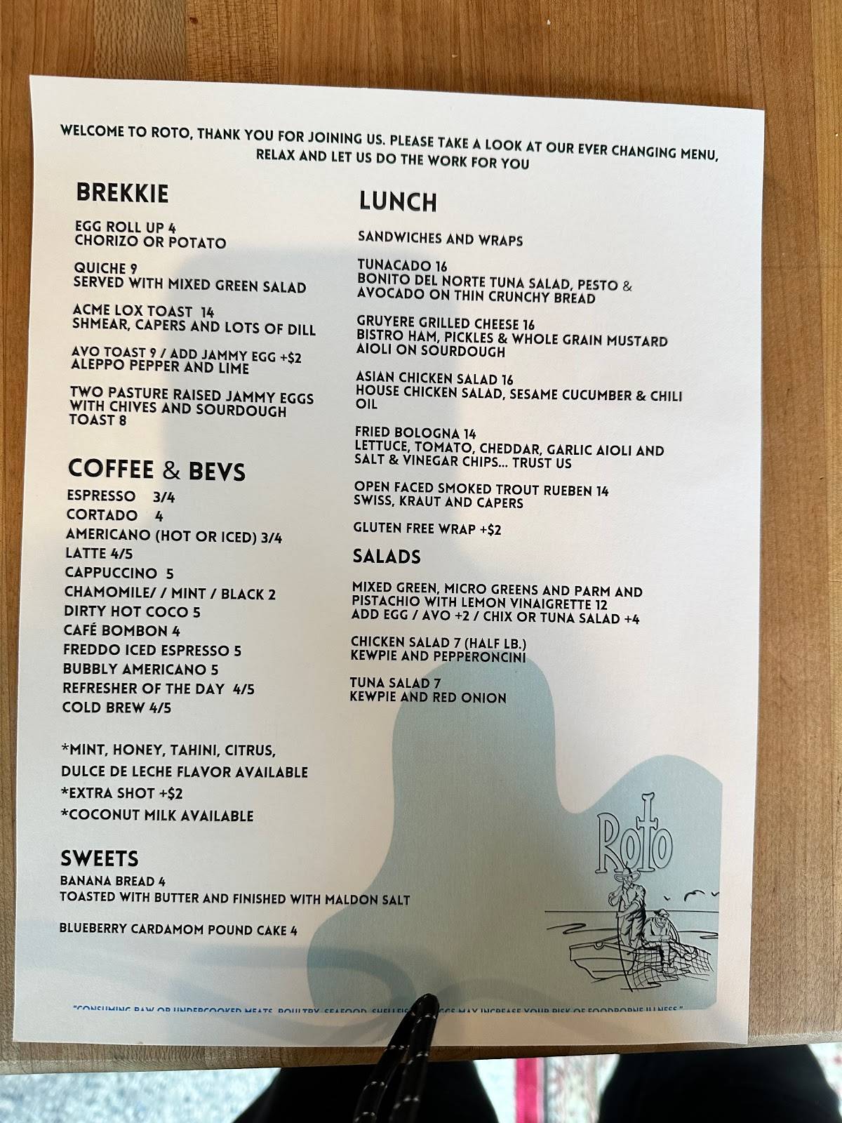 Menu at Roto all day restaurant, Bay Shore