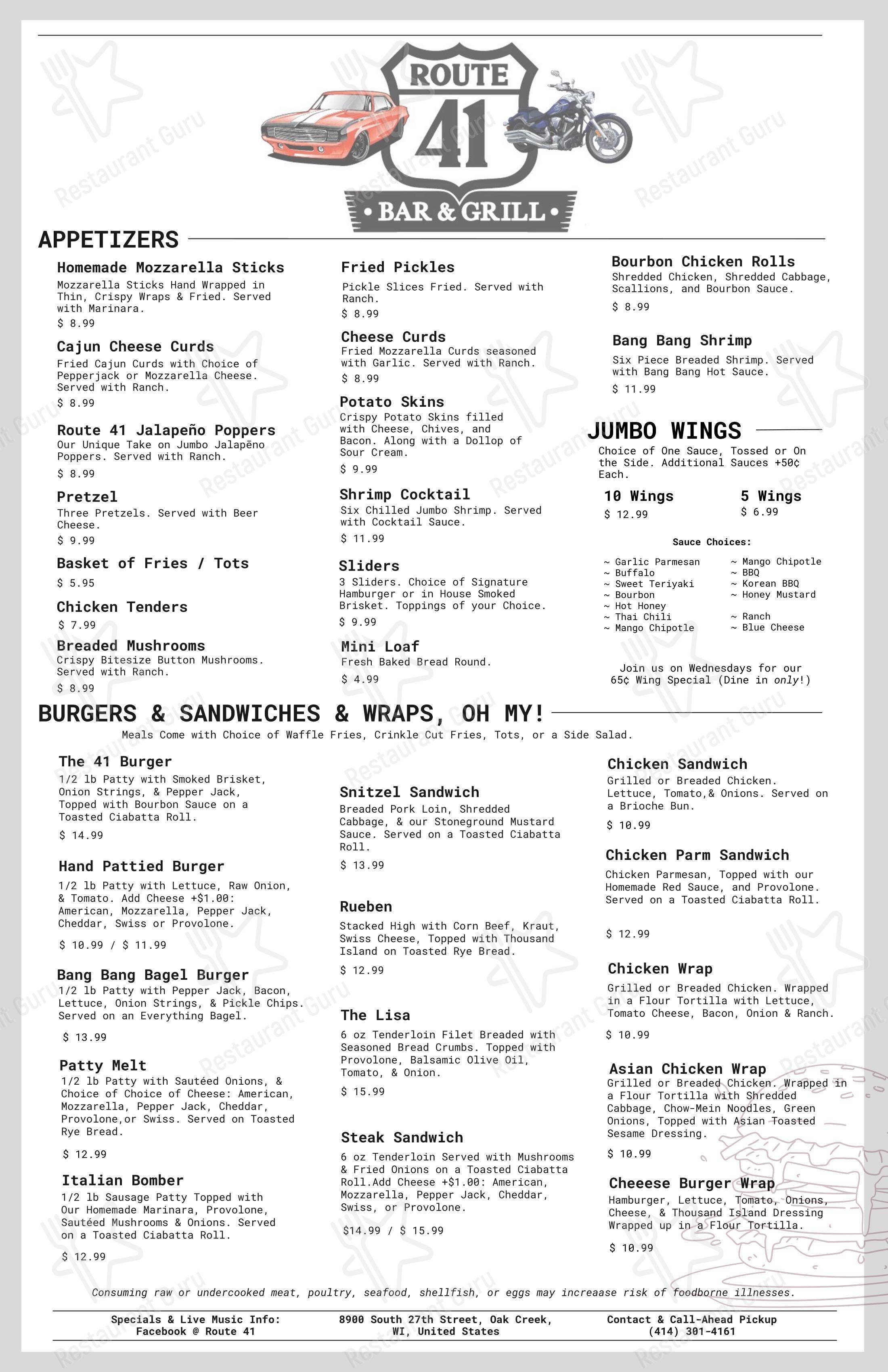Menu at Route 41 Bar & Grill, Oak Creek