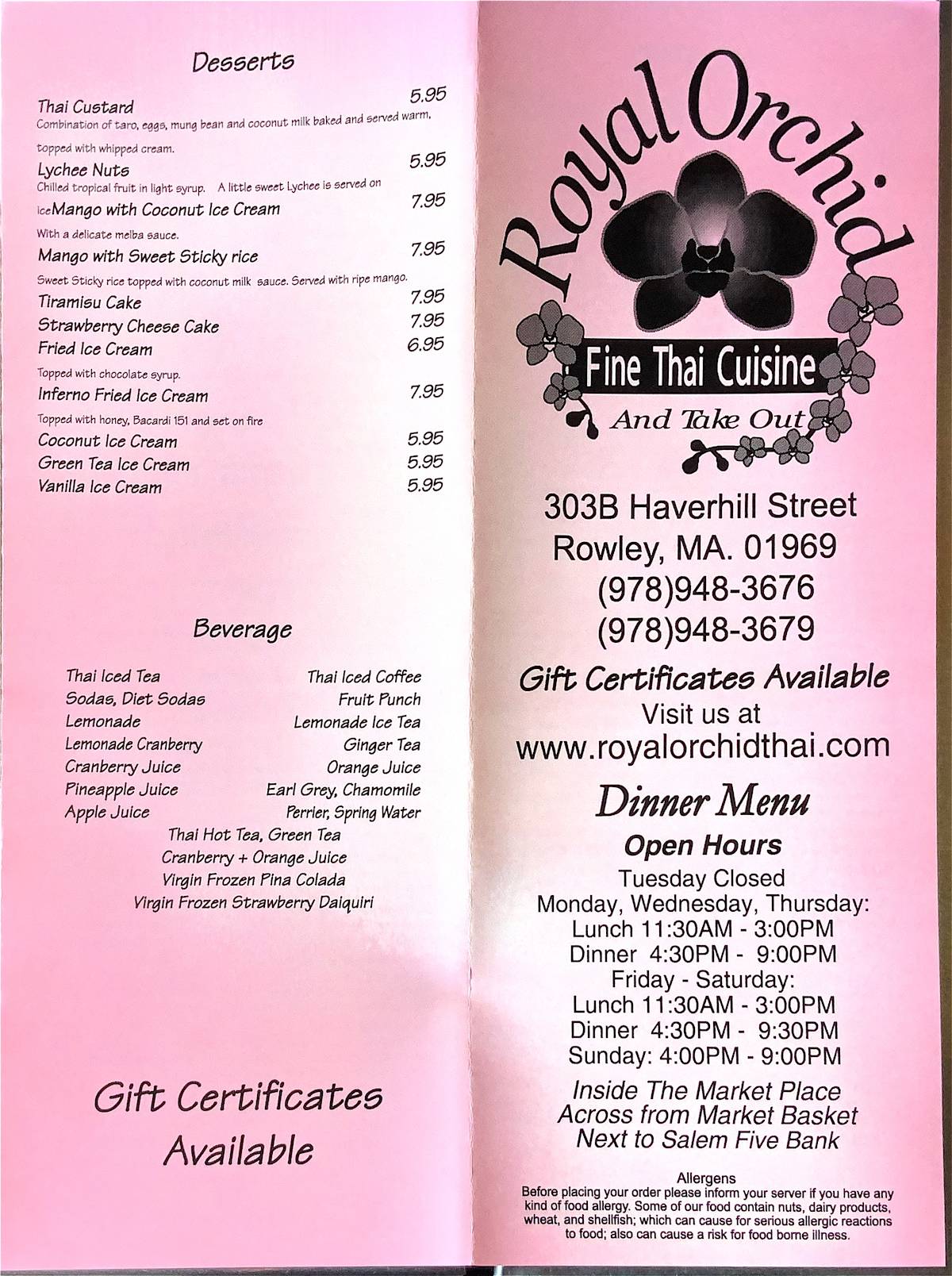 Menu at Royal Orchid restaurant, Rowley