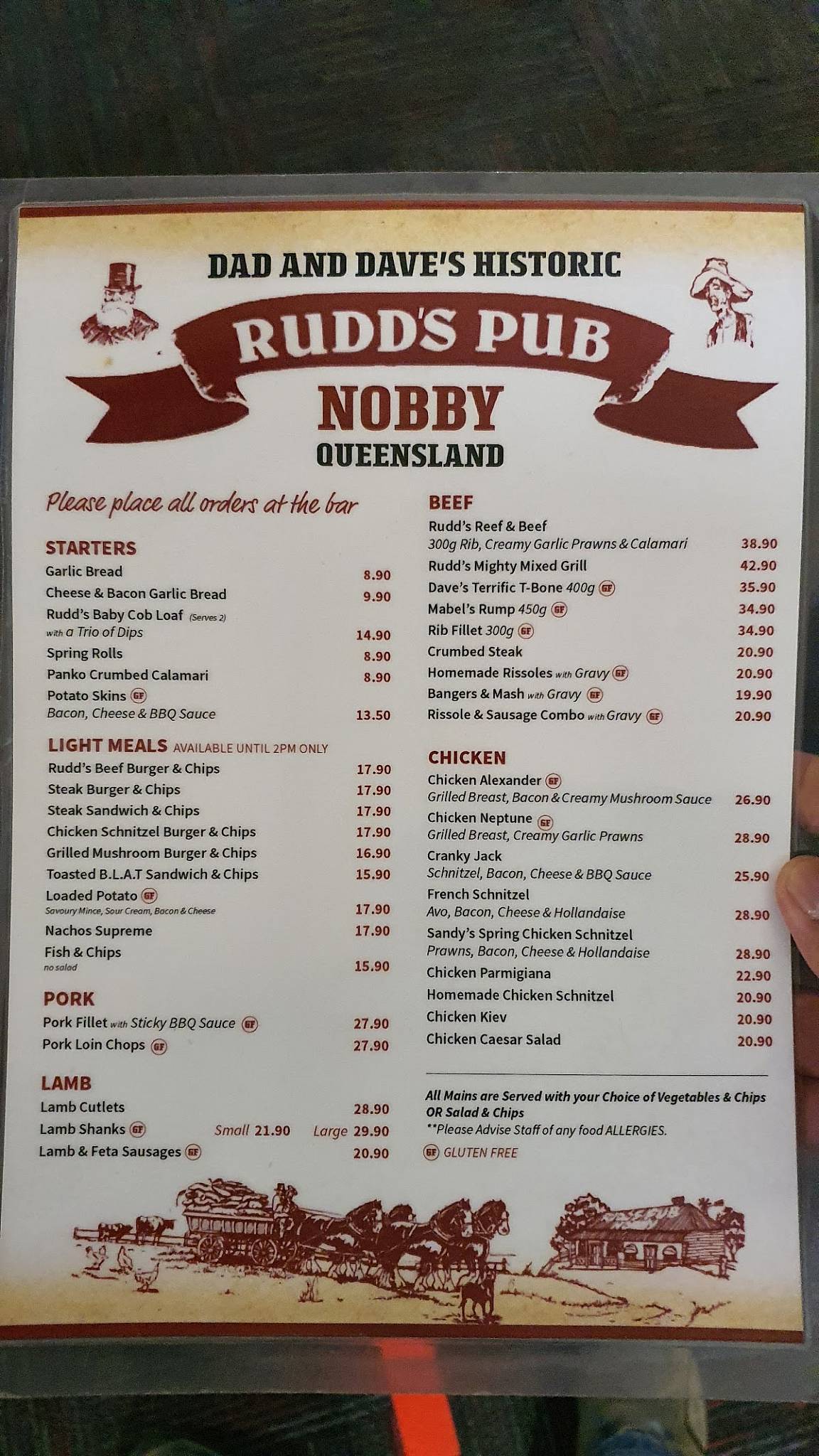 Menu at Rudd's Pub, Nobby