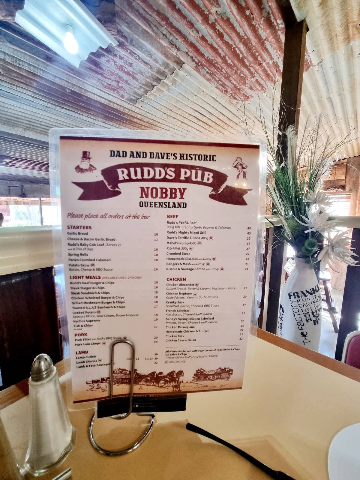 Menu at Rudd's Pub, Nobby