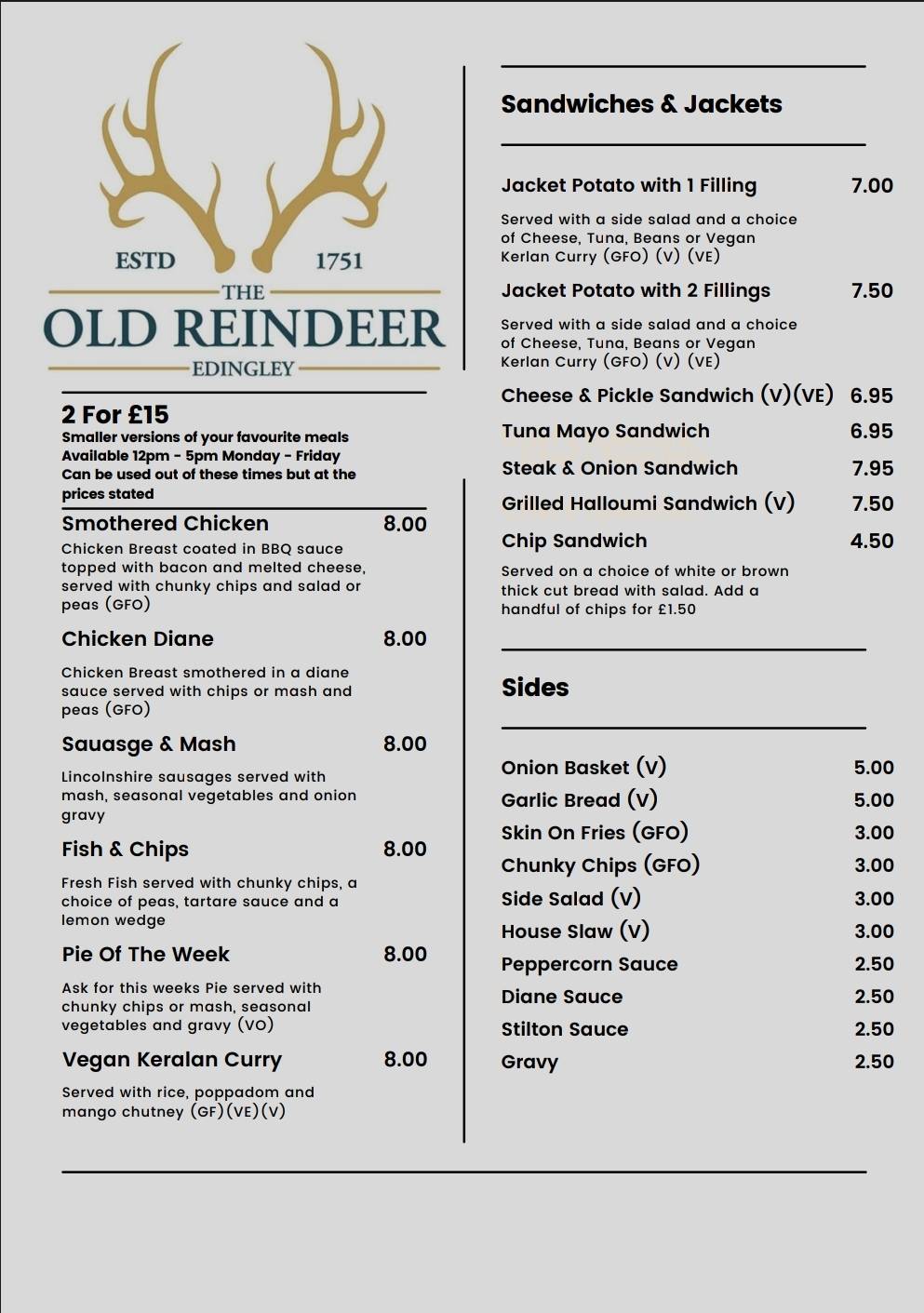 Menu at The Old Reindeer at Edingley restaurant, Rufford, Main St