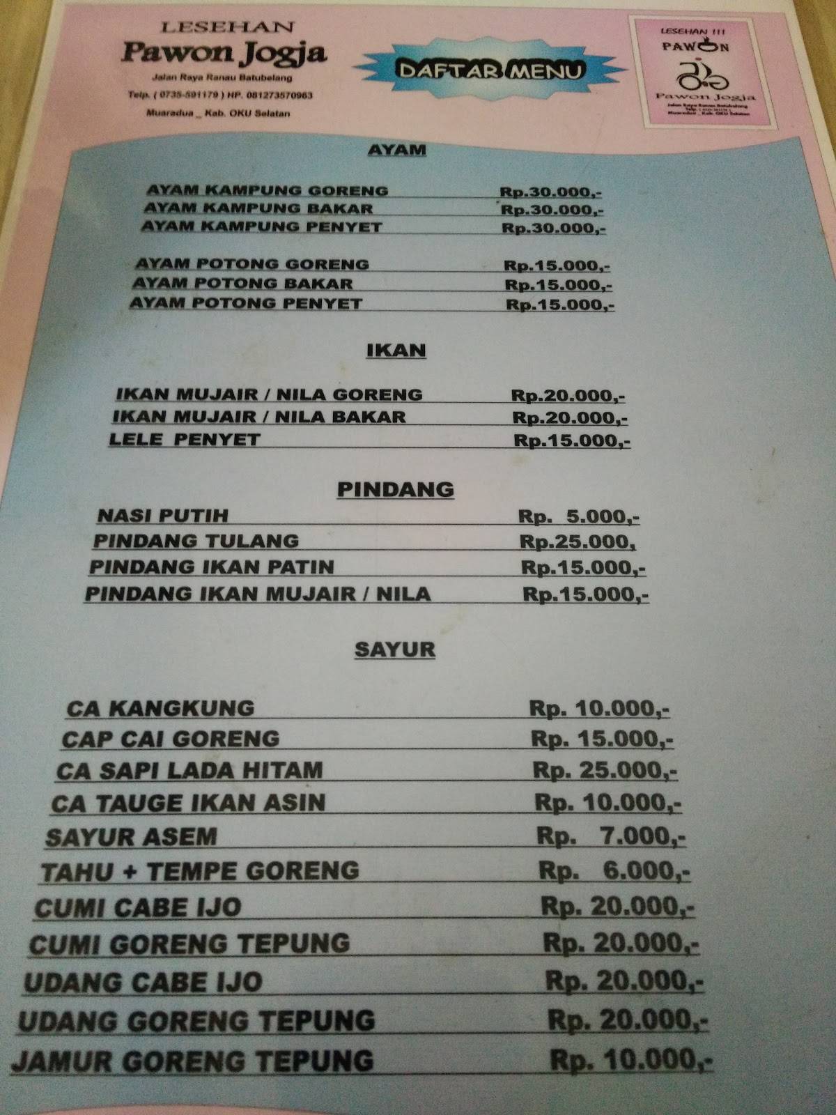 Menu at Rumah Makan Pawon Jogja restaurant, Indonesia