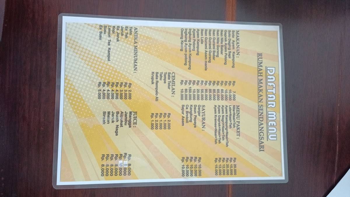 Menu at Rumah Makan Sendang Sari restaurant, Indonesia