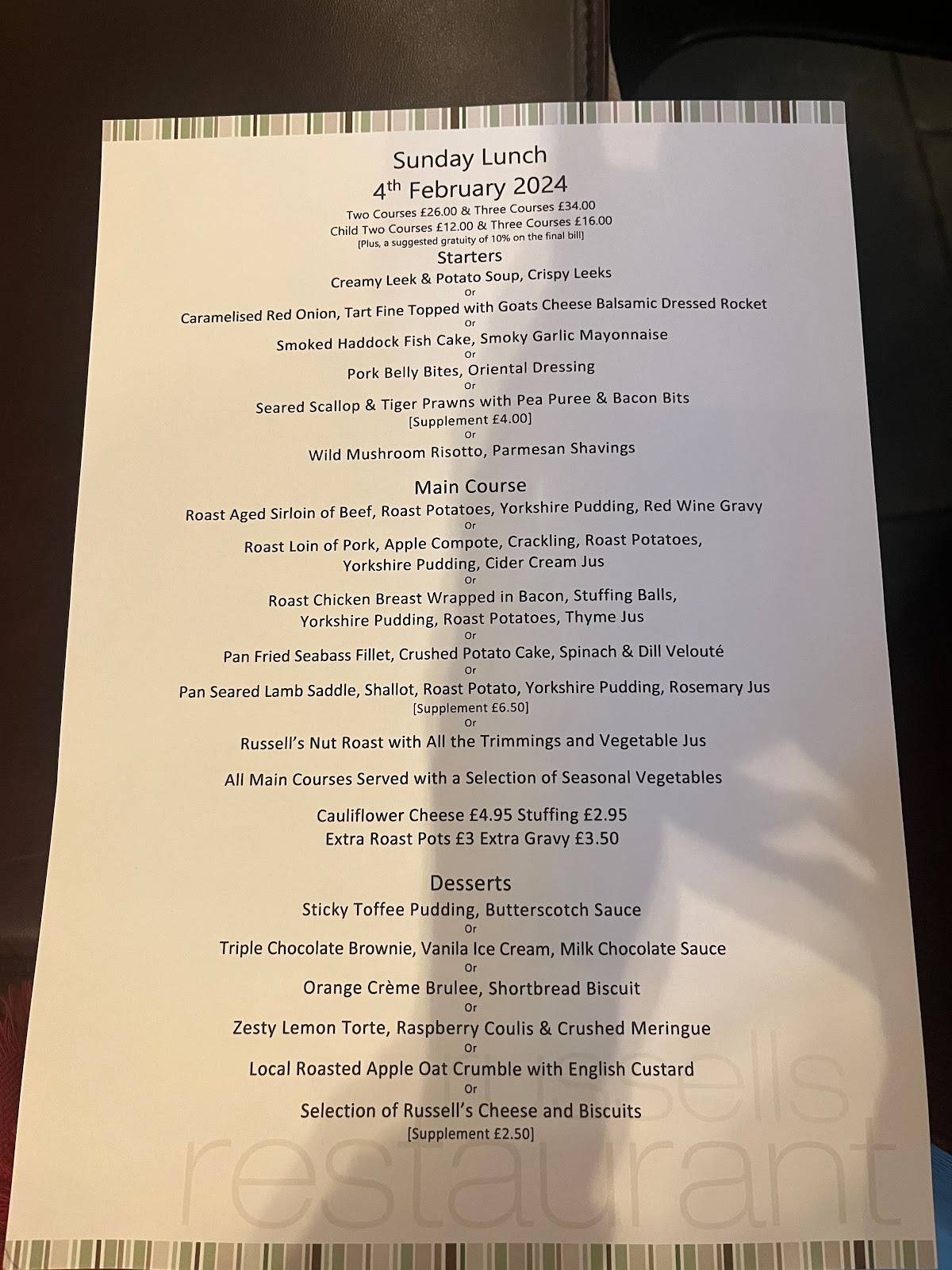 Menu at Russells Restaurant, Chelmsford