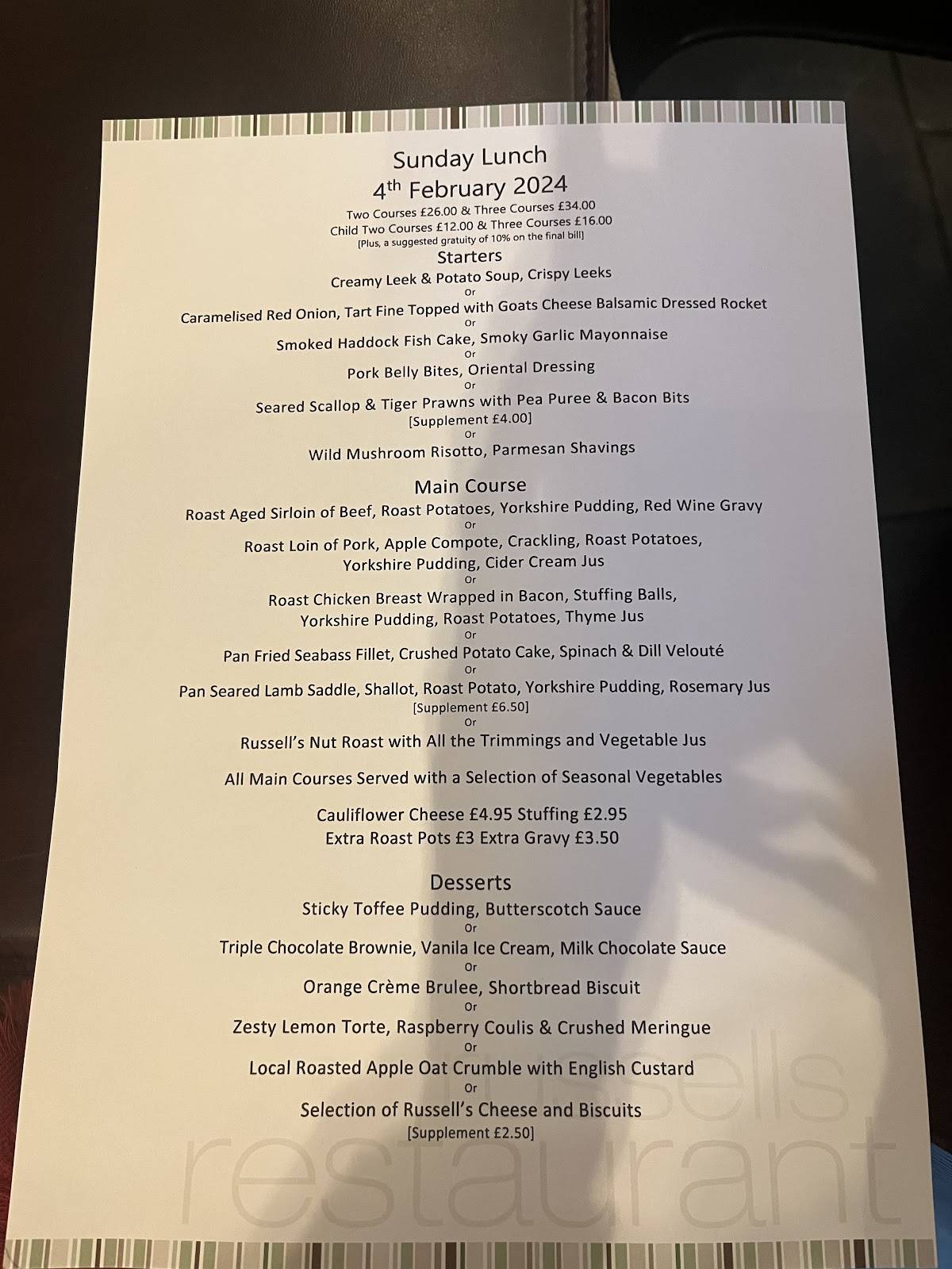 Menu at Russells Restaurant, Chelmsford
