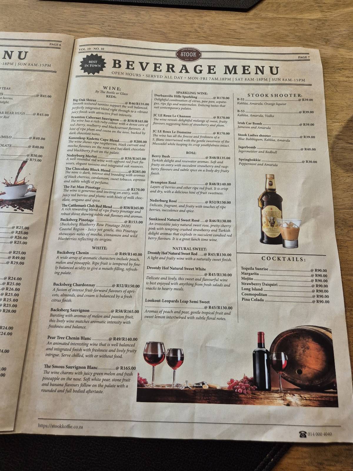 Menu at Stook Koffie Roostery restaurant, Rustenburg