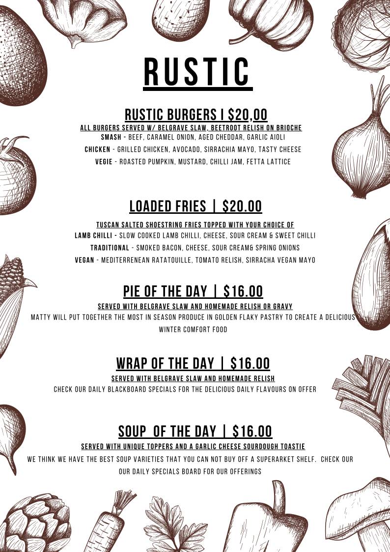 Menu at Rustic Restaurant, Belgrave
