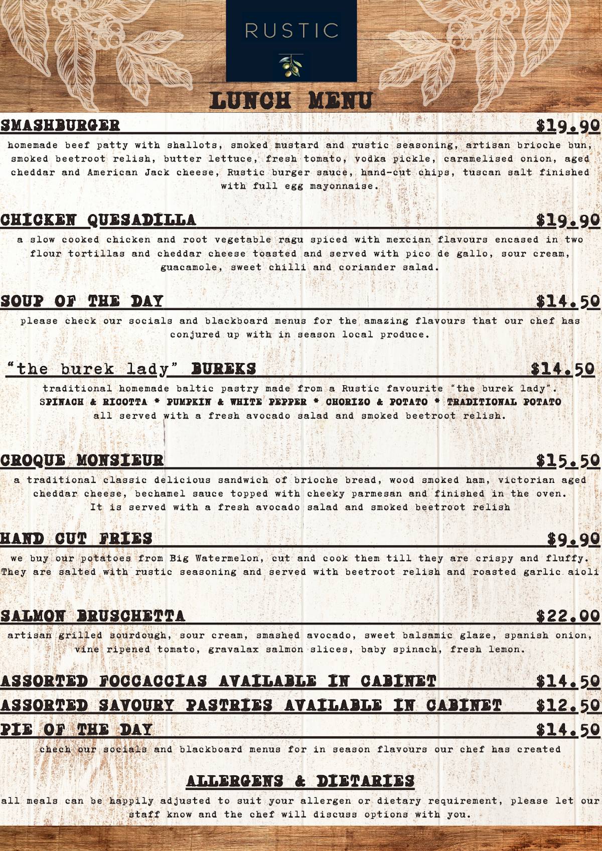 Menu at Rustic cafe, Belgrave