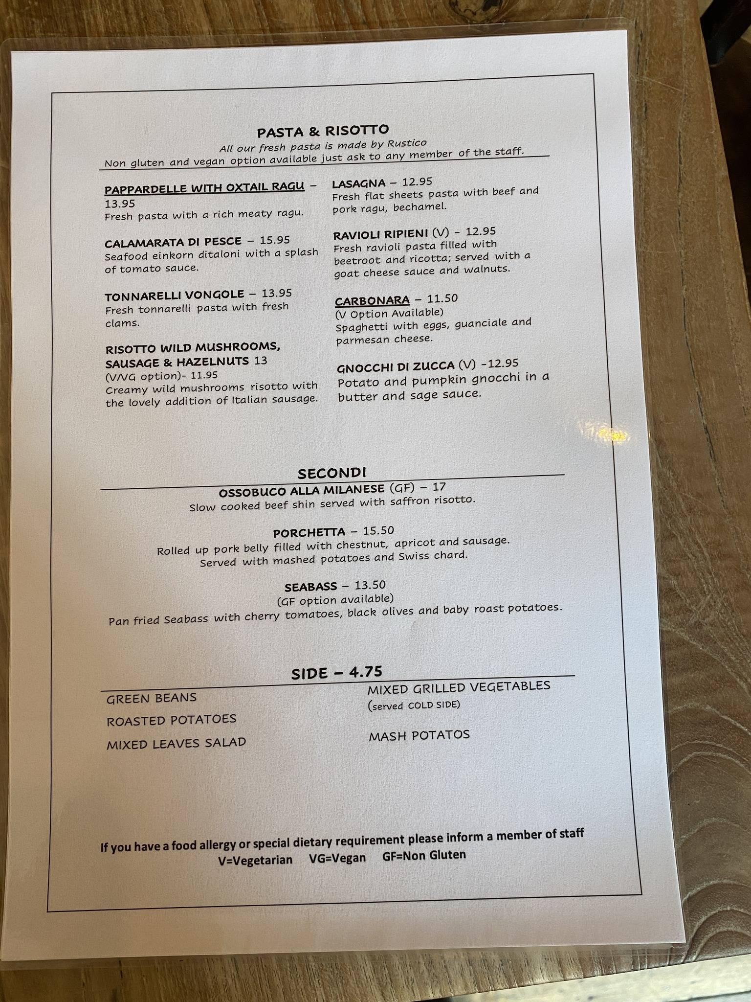 Menu at Rustico restaurant, Bury Saint Edmunds