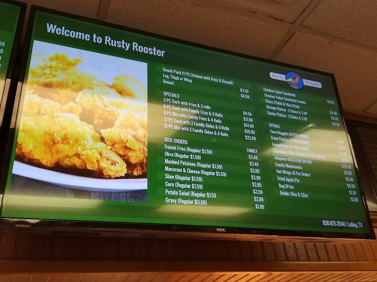 Menu at Rusty Rooster fast food, Luling