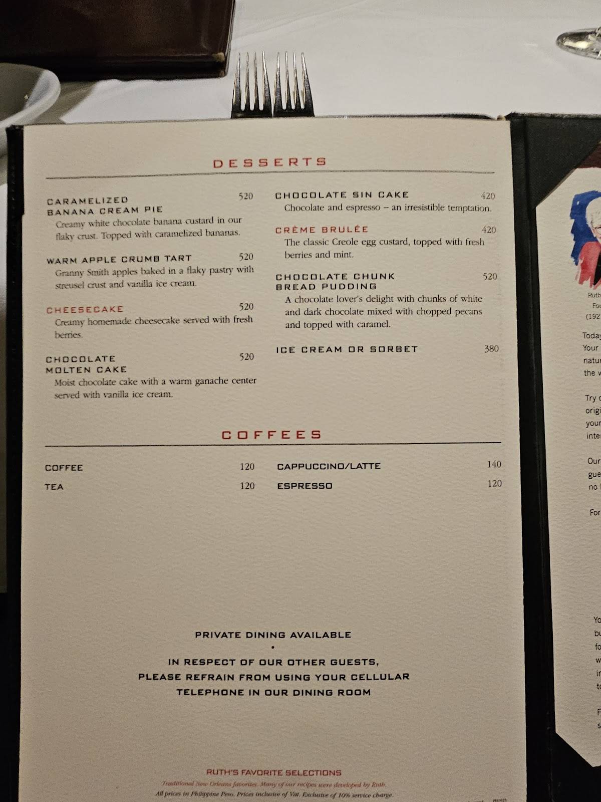 Menu at Ruth's Chris Steak House Manila steakhouse, Taguig