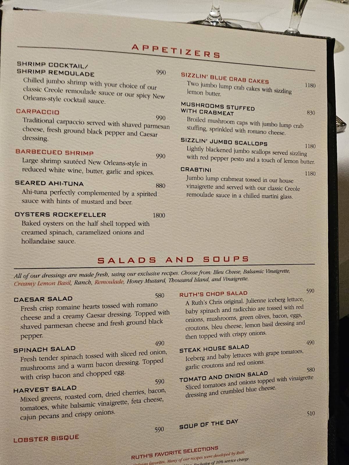 Menu at Ruth's Chris Steak House Manila steakhouse, Taguig