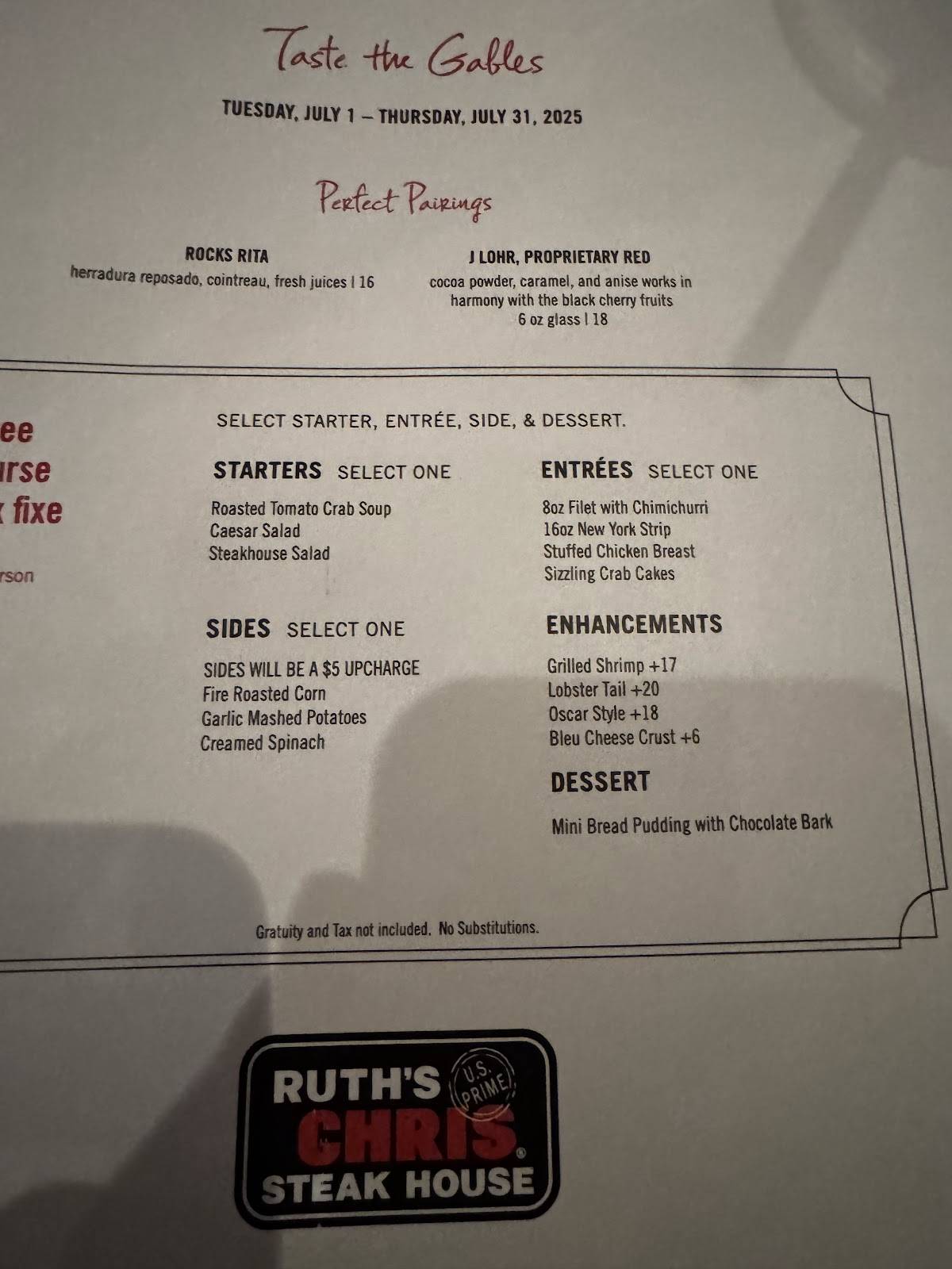 Menu at Ruth's Chris Steak House pub & bar, Coral Gables, Salzedo St