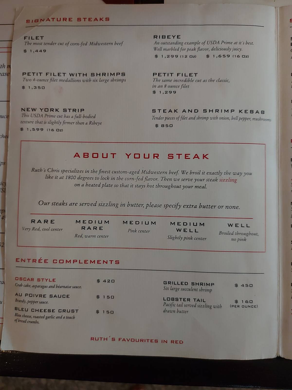 Menu at Ruth's Chris Steak house steakhouse, Cabo San Lucas