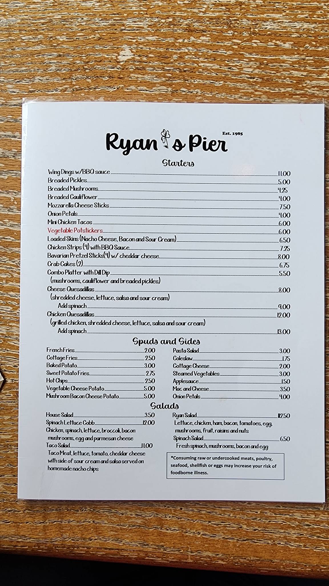Menu at Ryans Pier pub & bar, Aroma Park