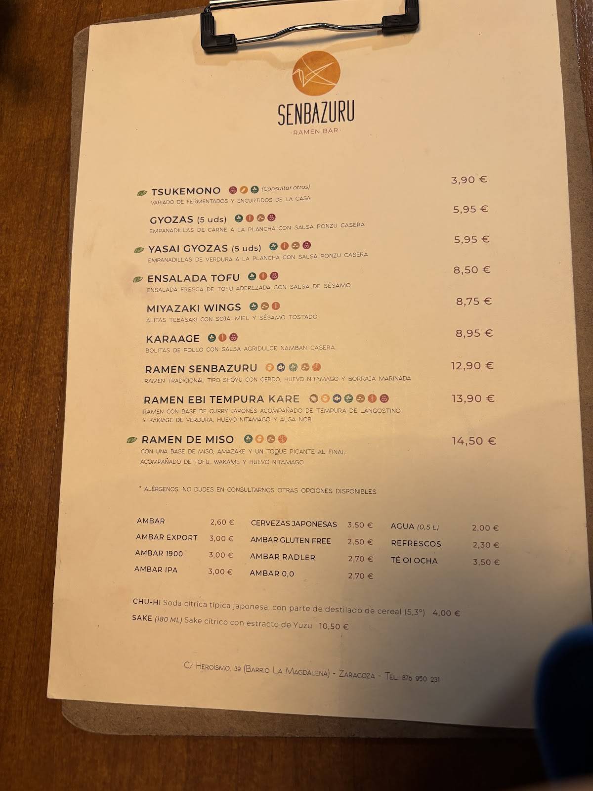 Carta de SENBAZURU RAMEN BAR, Zaragoza