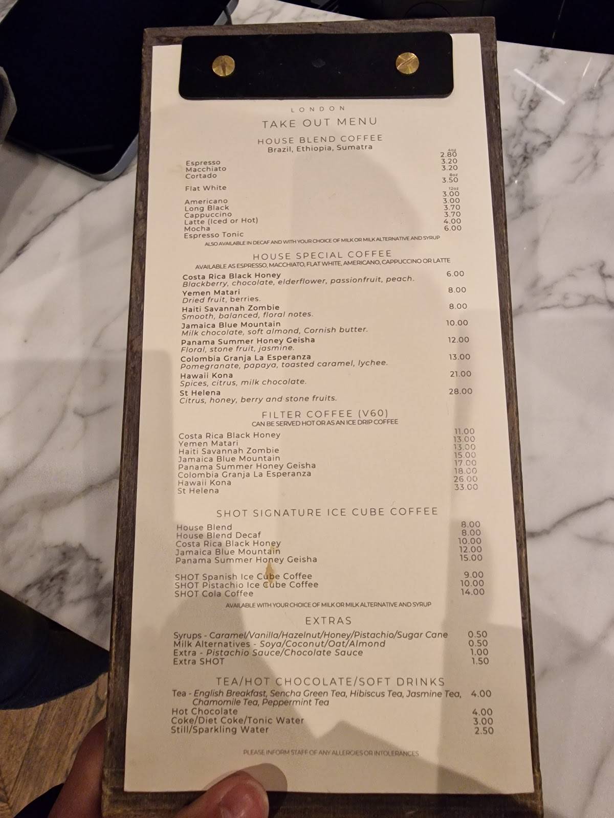Menu at SHOT London - Mayfair cafe, London, 10A Berkeley St