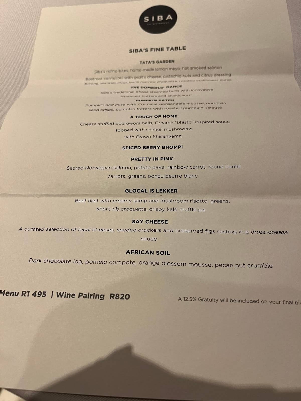 Menu at SIBA - The Restaurant, Cape Town