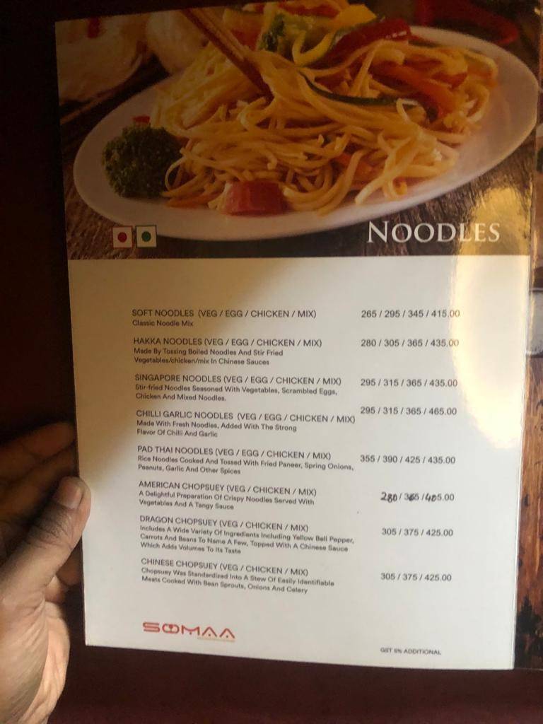 Menu at SOMAA, Siripuram, Visakhapatnam